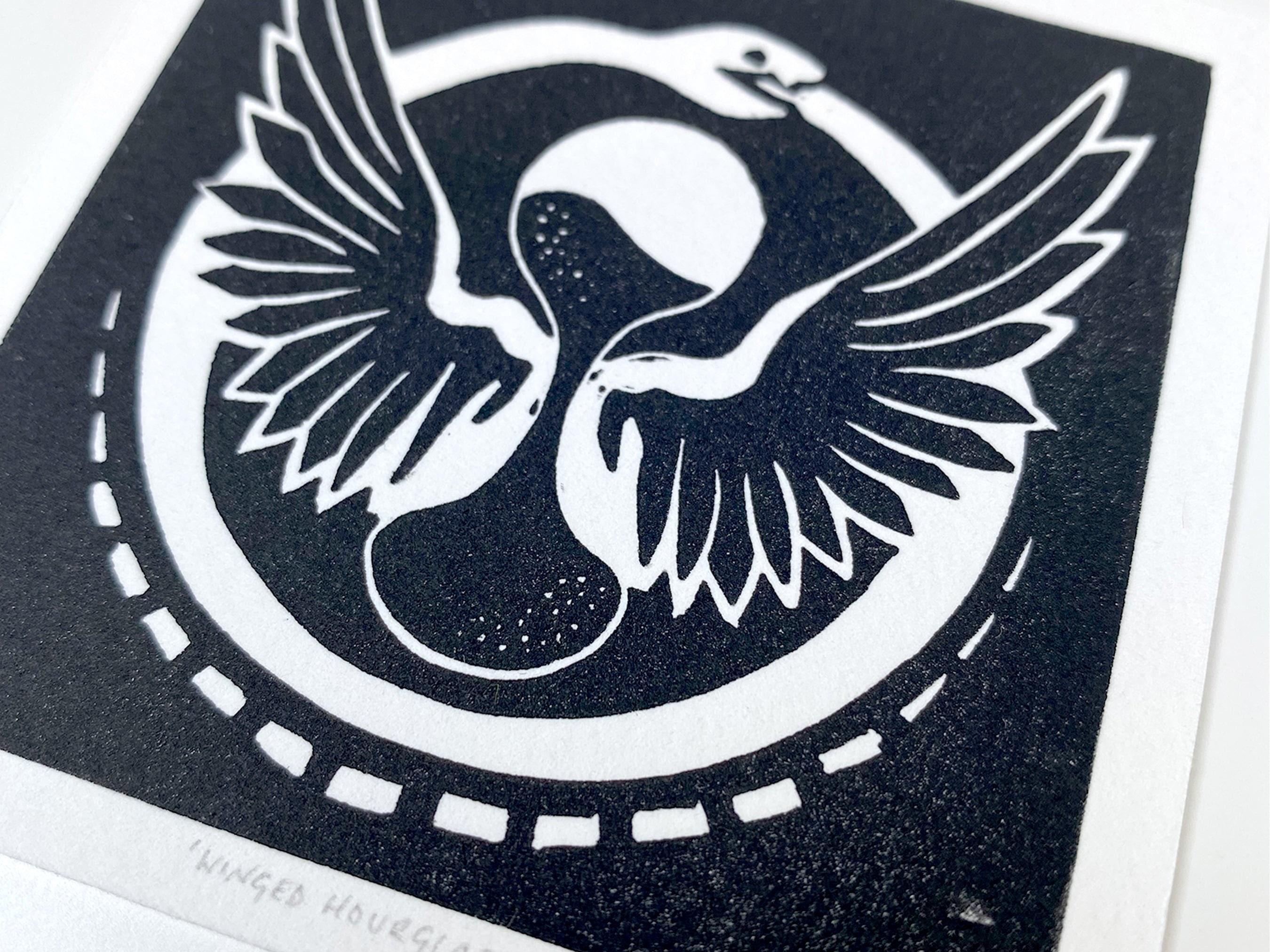 Memento Mori Linocut. Winged Hourglass With Ouroboros. Limited | Etsy UK