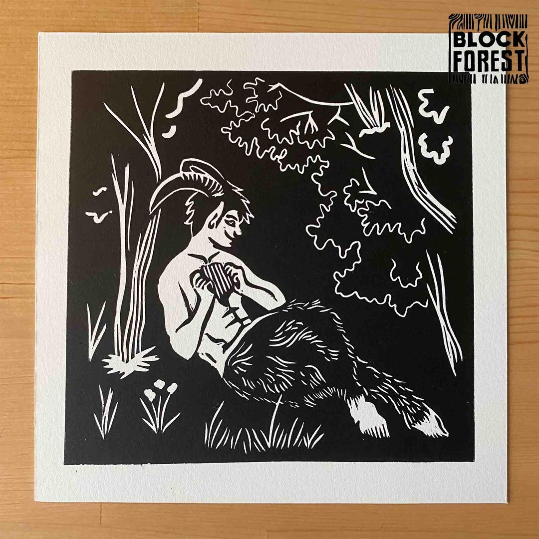 Faun Satyr Goat Man Relaxing in the Forest. Linocut Print for Folklore ...