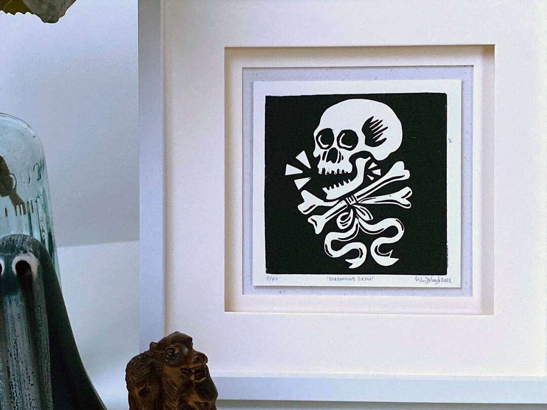 Screaming Skull Linocut Print: Memento Mori Gothic Decor (8x8cm) ACOE ...