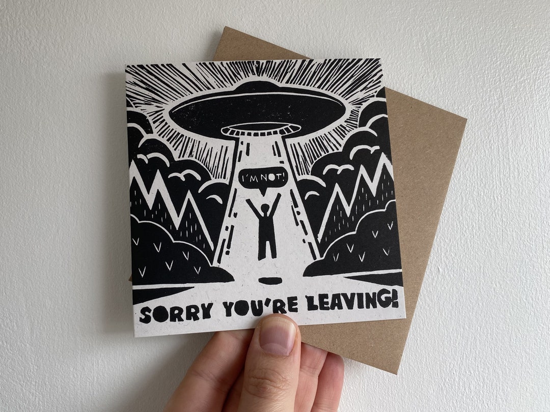 Sorry You're Leaving on a UFO Linocut Card. Hand Printed New Job ...
