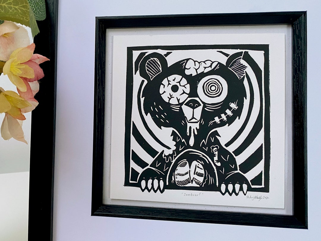 Zombear! Scary Creepy Cute Linocut Blockprint. Zombie Bear. Drawlloween ...