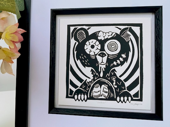 Zombear Scary Creepy Cute Linocut Blockprint. Zombie Bear. - Etsy