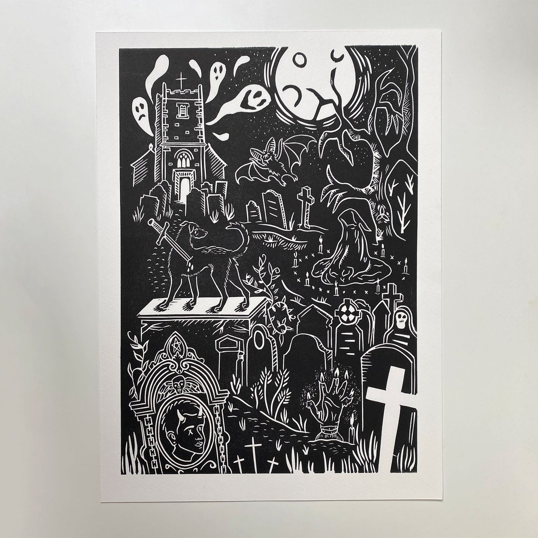 Overgrown Cemetery Linocut Print: Limited Edition Goth Horror Wall Art ...