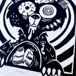 Zombear! Scary Creepy Cute Linocut Blockprint. Zombie Bear. Drawlloween ...