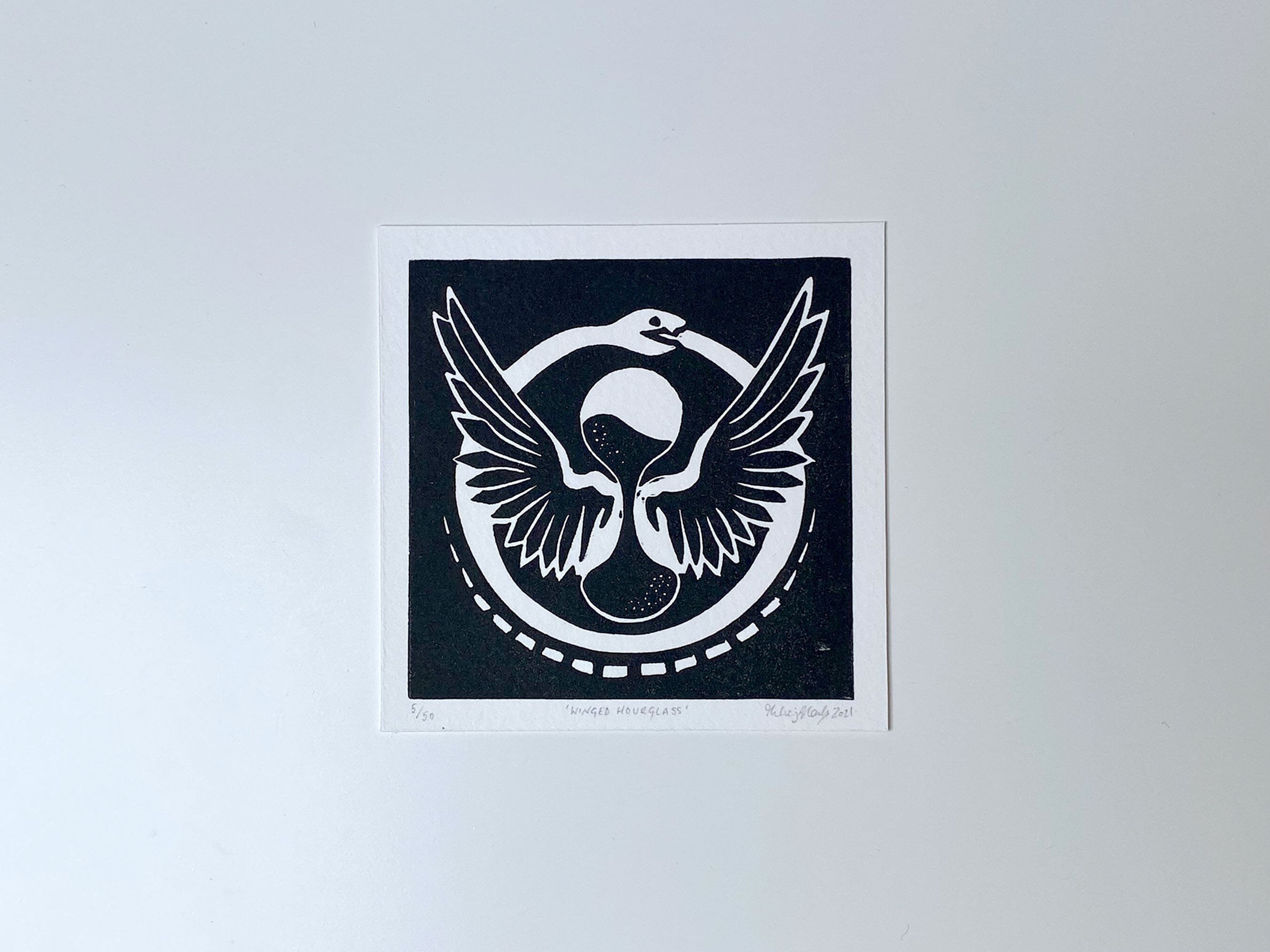Memento Mori Linocut. Winged Hourglass With Ouroboros. Limited | Etsy UK