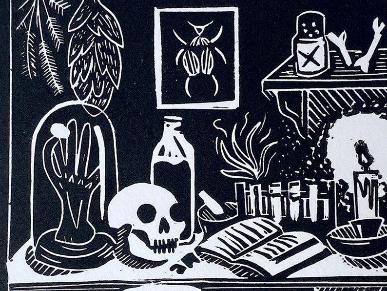 The Apothecary. Spooky Linocut Print. Drawlloween Halloween - Etsy UK