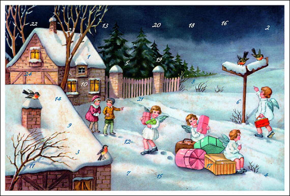 German Christmas Card / Advent Calendar - Angels Visit Village - Etsy