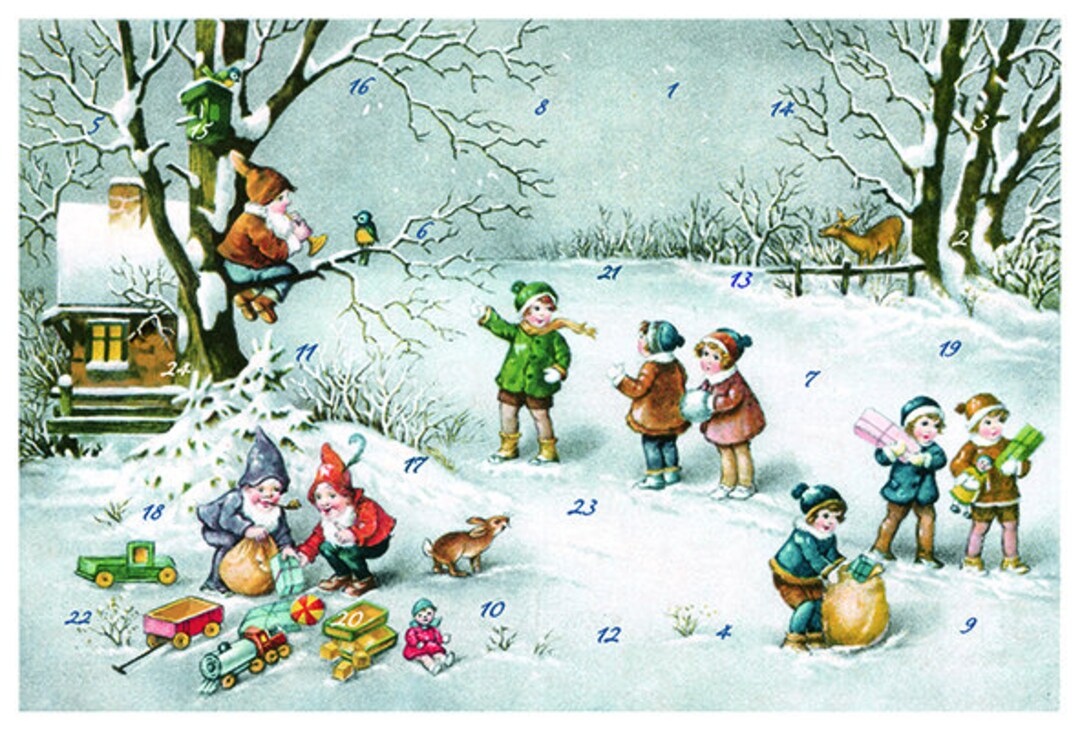 German Christmas Card / Advent Calendar - Children W/ Gnomes - Etsy