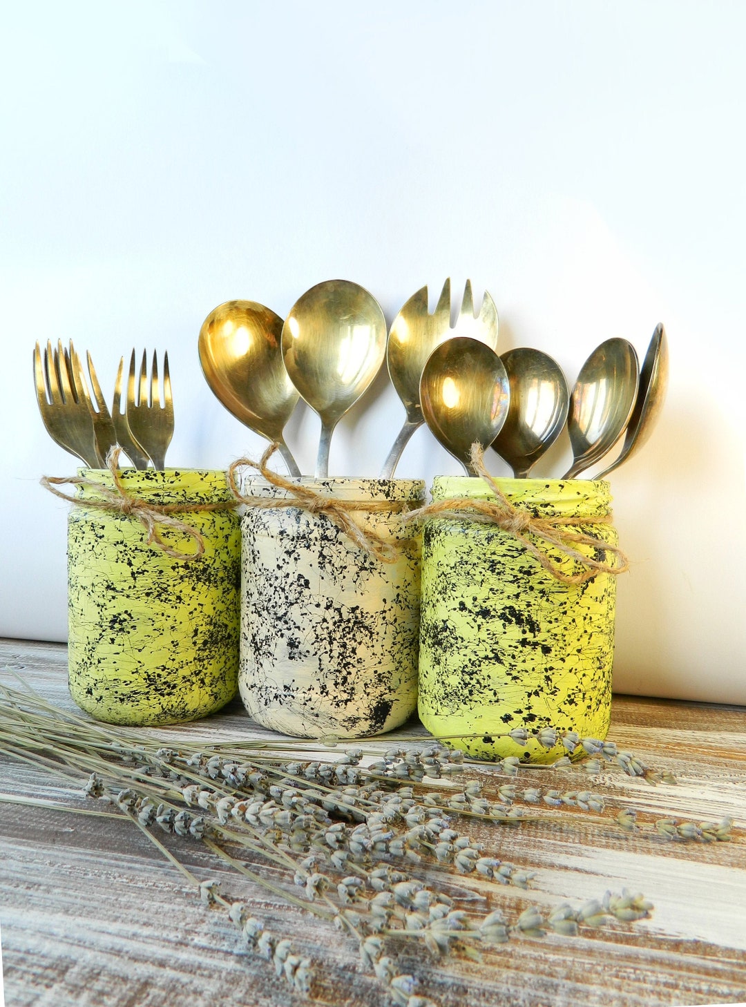 Chartreuse Utensil Holder Farmhouse Painted Kitchen Storage Jar Modern ...