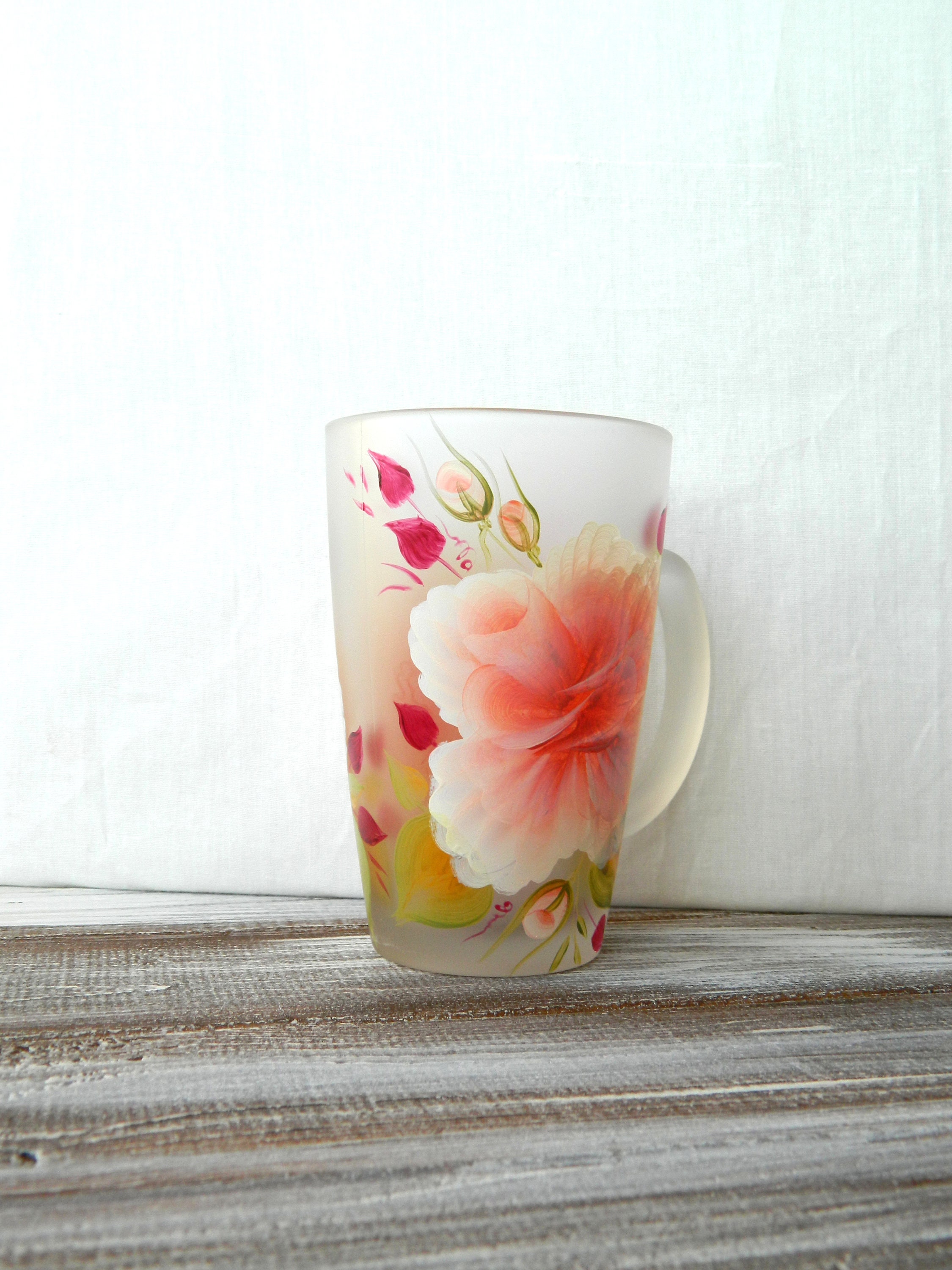 Cafe Mug Rose Coffee Mug Hand Painted Pink Frosted Glass Mug Botanical ...
