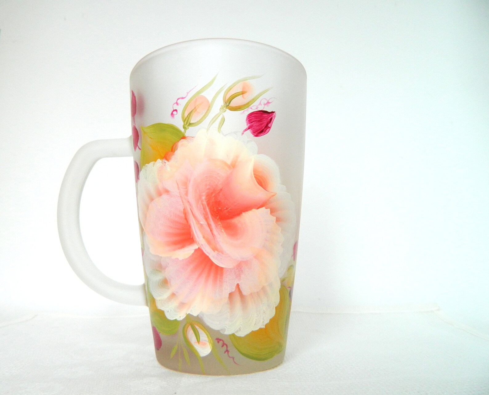 Cafe Mug Rose Coffee Mug Hand Painted Pink Frosted Glass Mug Botanical ...