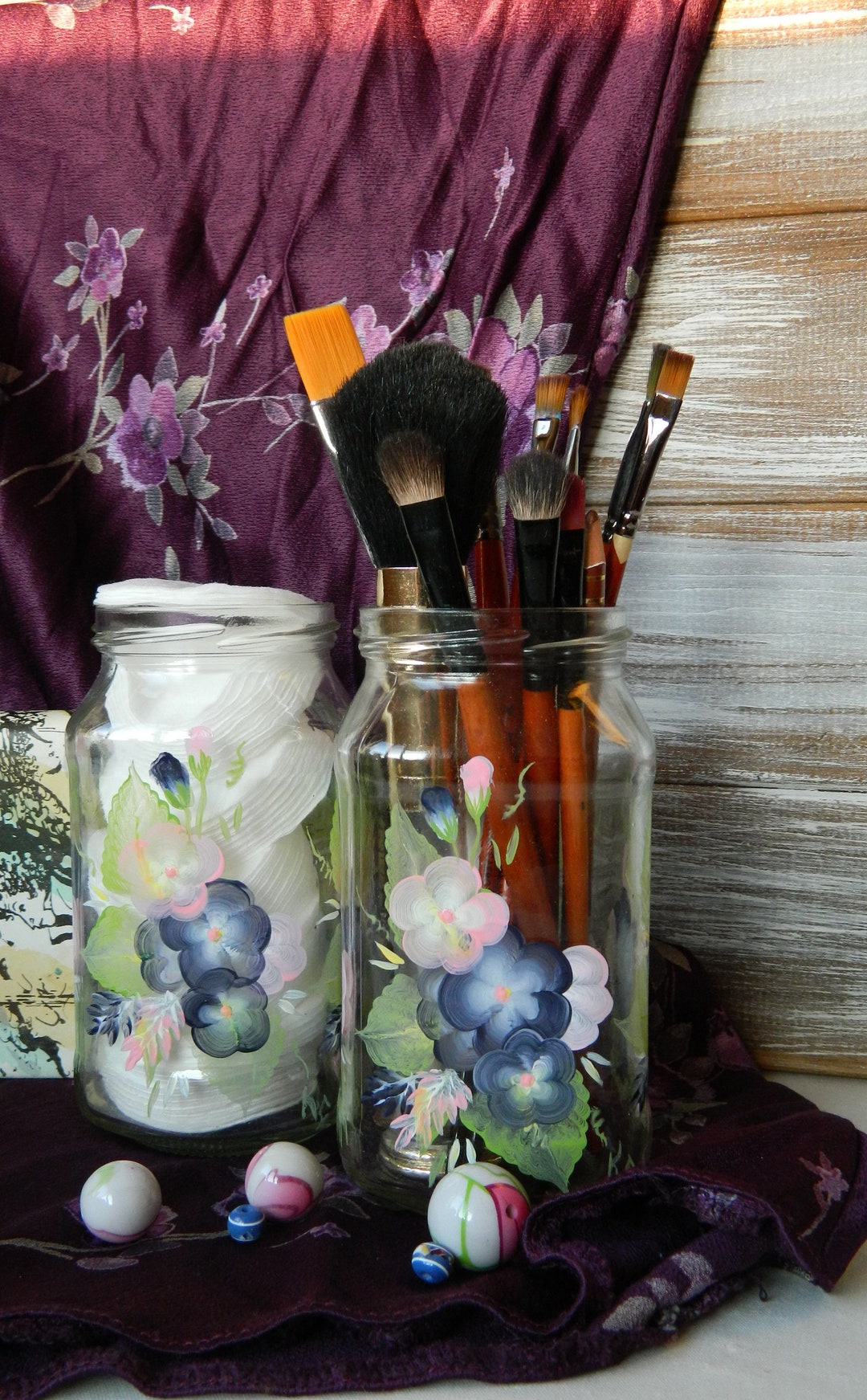 Blue Makeup Brush Holder.cottagecore Jar.sponge Holder. Sakura Painted ...