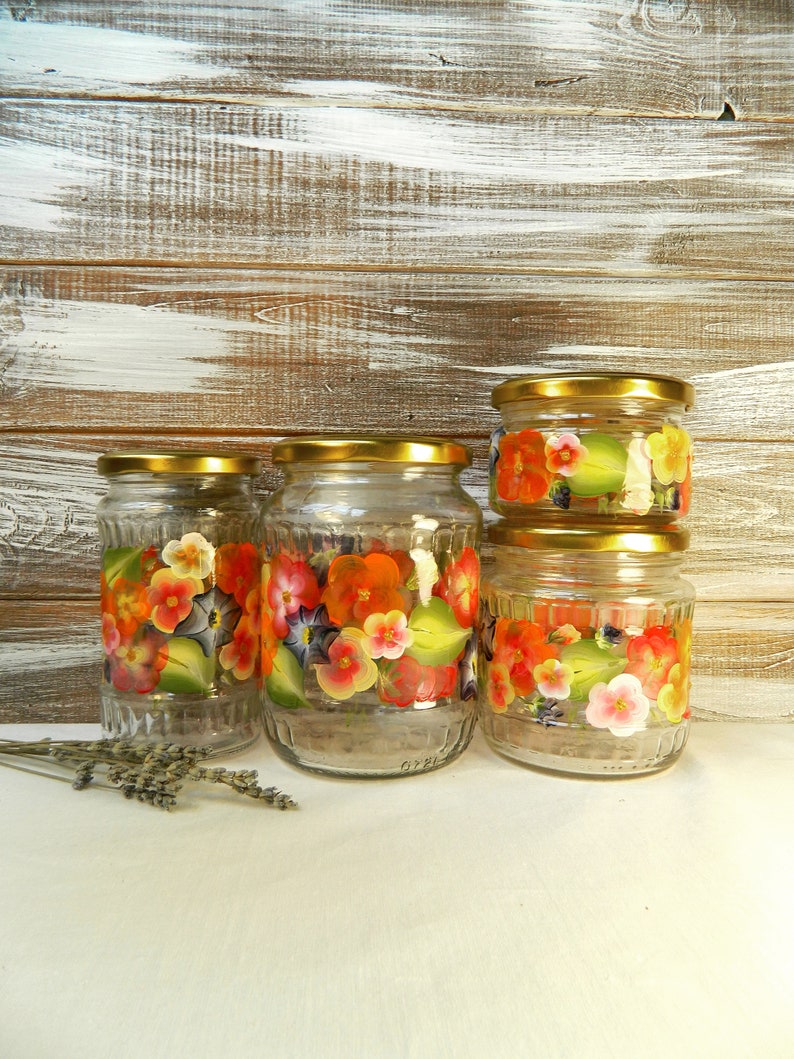 Colorful Kitchen Canisters Set of 4 Glass Cookie Jar Hand - Etsy