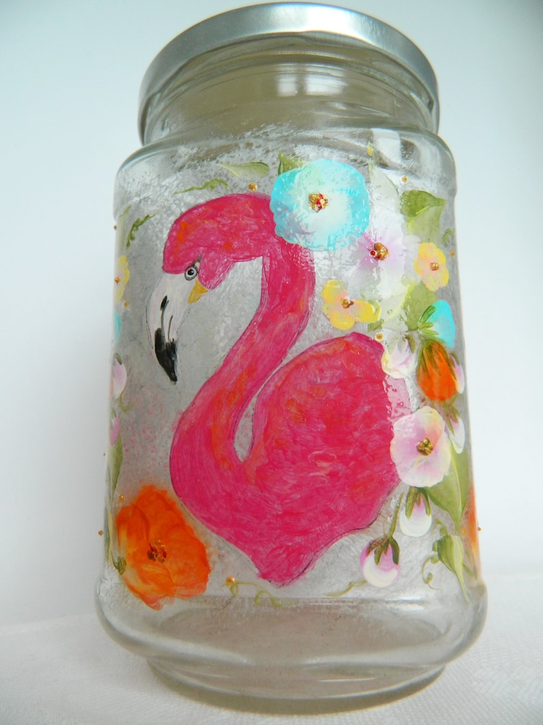 Glass Cookie Jar Hand Painted Jars Pink Flamingo Art Kitchen Canister ...