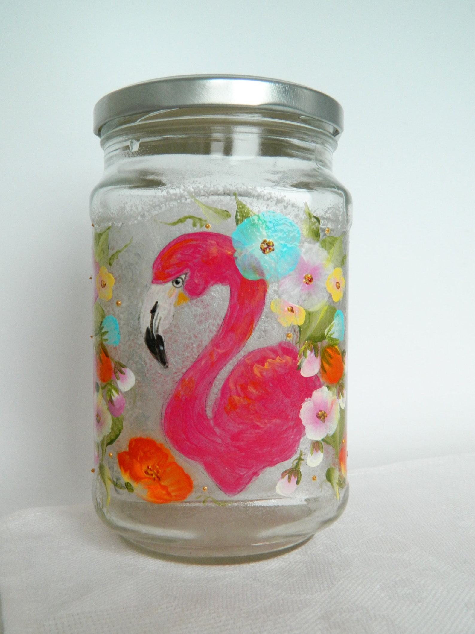 Glass Cookie Jar Hand Painted Jars Pink Flamingo Art Kitchen Canister ...