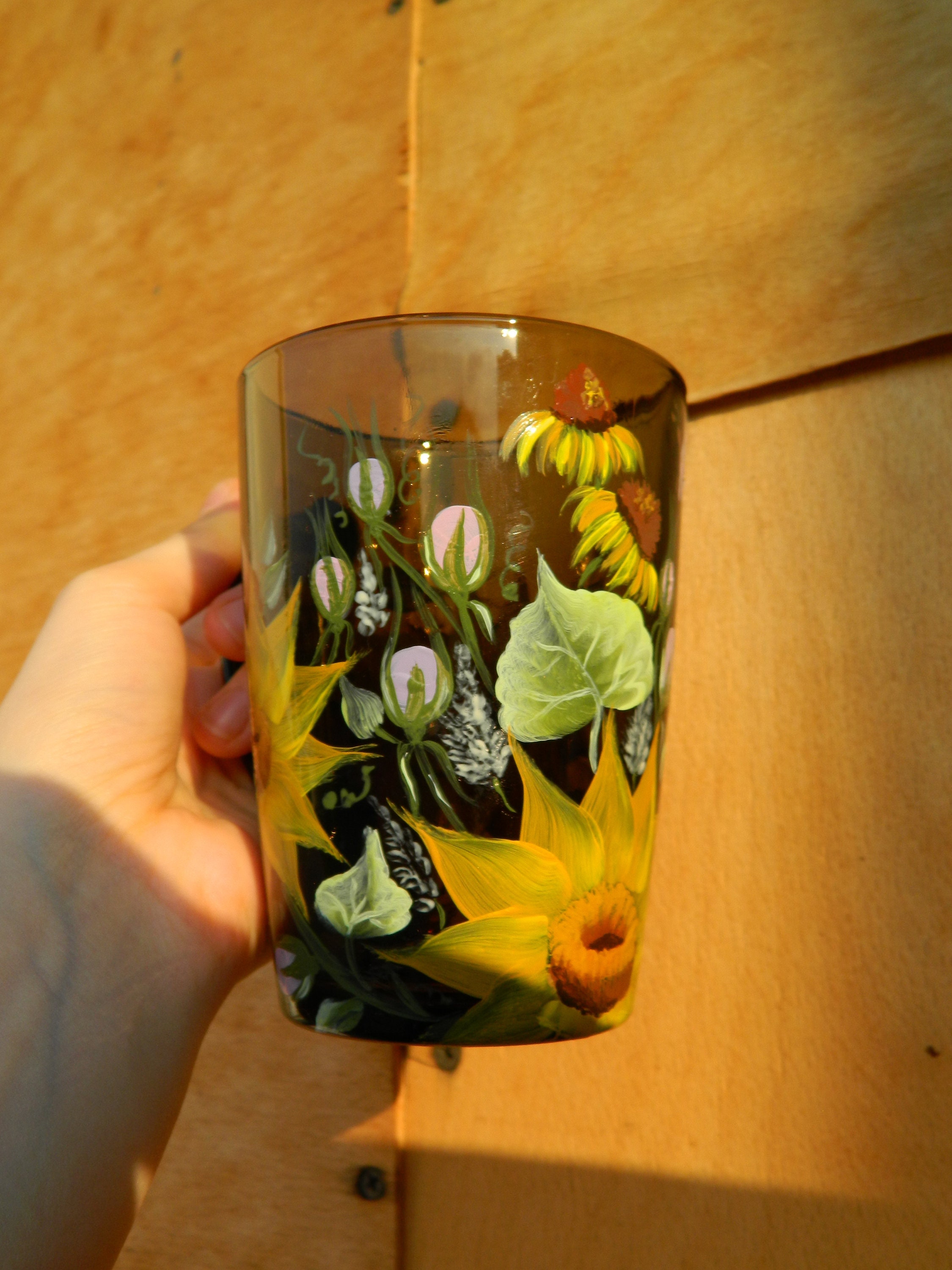 Hand Painted Sunflower Glass Mug Coffee Mug Handmade Floral Coffee Mug ...