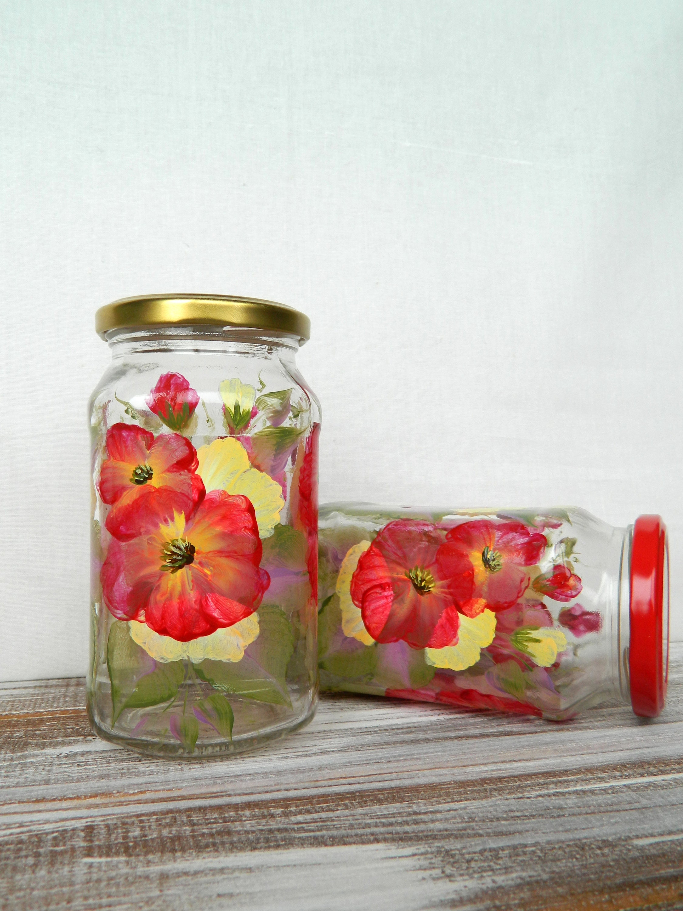 Red Glass Jar & Lid Hand-painted Jar Painted Glass Jars Creative ...