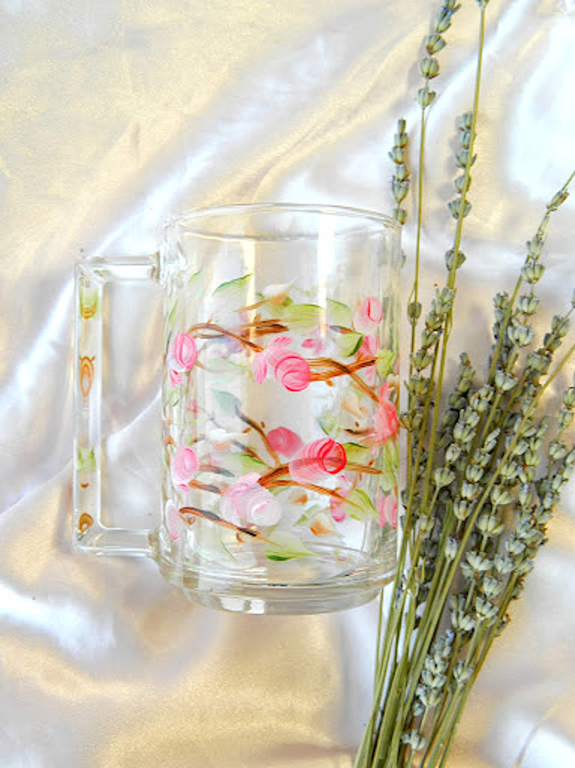Pink Rose Hand Painted Flower Glass Mug Birthday Glassware Colorful ...