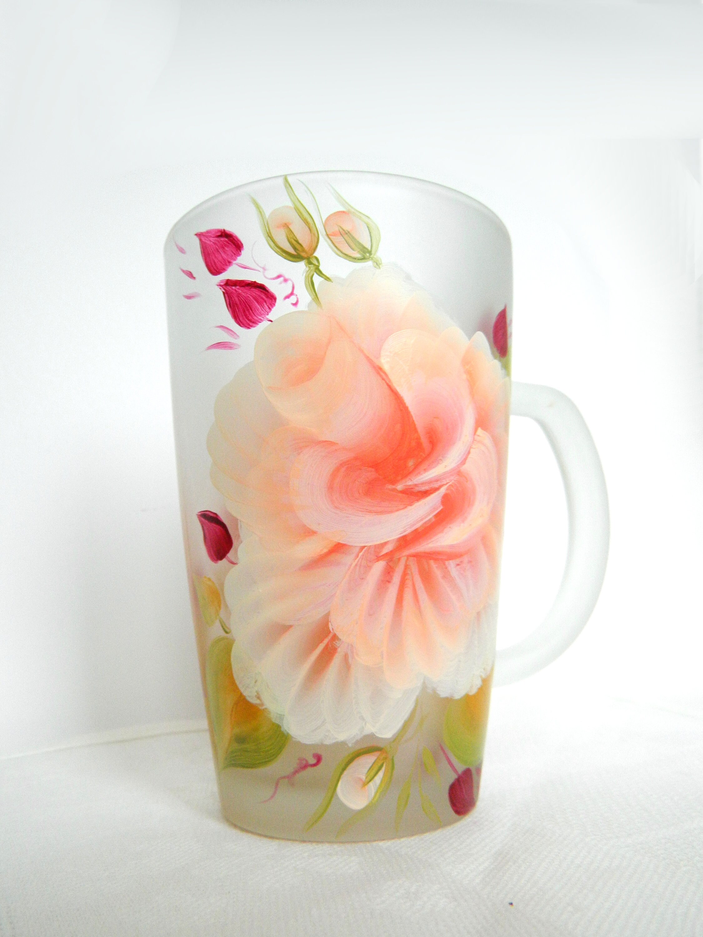 Cafe Mug Rose Coffee Mug Hand Painted Pink Frosted Glass Mug Botanical ...