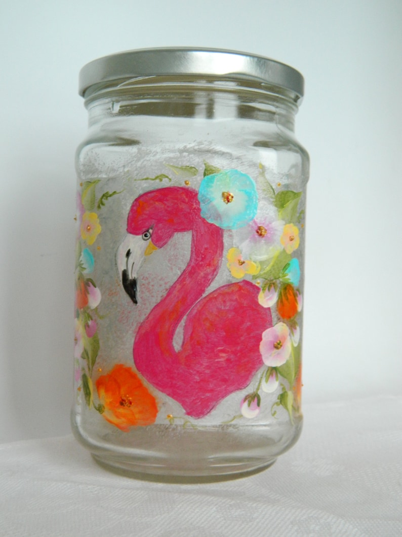 Glass Cookie Jar Hand Painted Jars Pink Flamingo Art Kitchen Canister ...