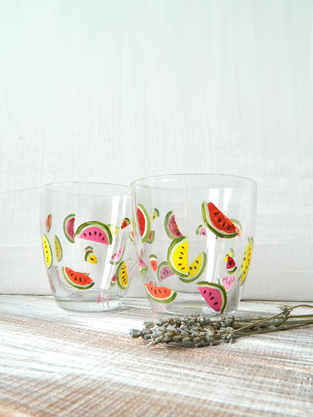 Watermelon Slices Glasses Hand Painted Wine Glasses Beverage Rainbow ...