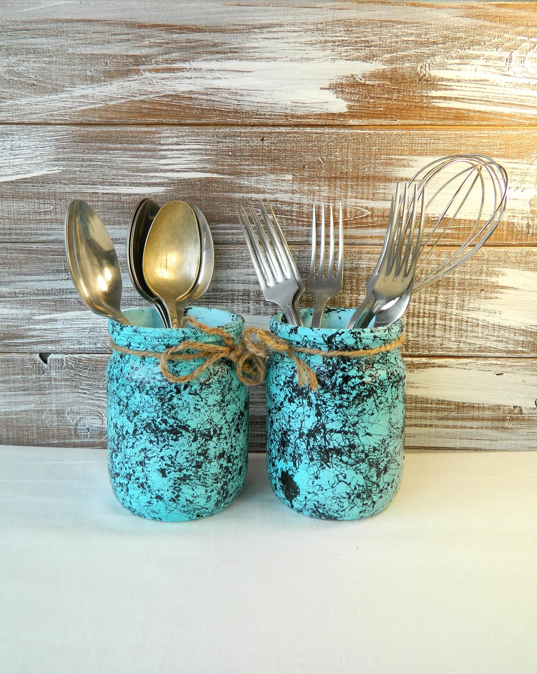 Turquoise Utensil Holder Painted Kitchen Storage Jar Marble Hand ...