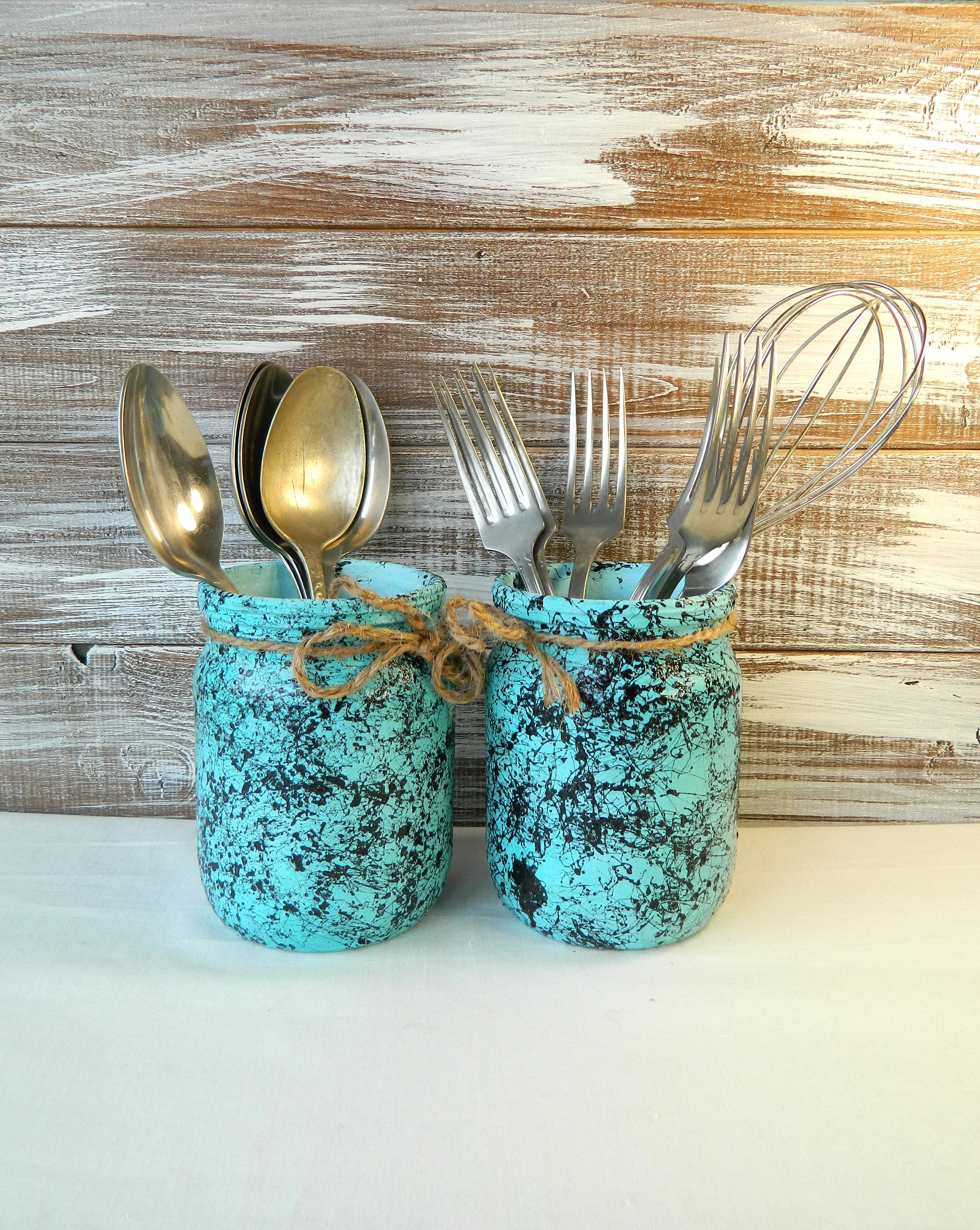 Turquoise Utensil Holder Painted Kitchen Storage Jar Marble Hand ...