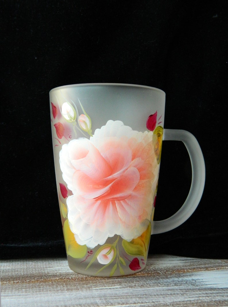 Cafe Mug Rose Coffee Mug Hand Painted Pink Frosted Glass Mug Botanical ...