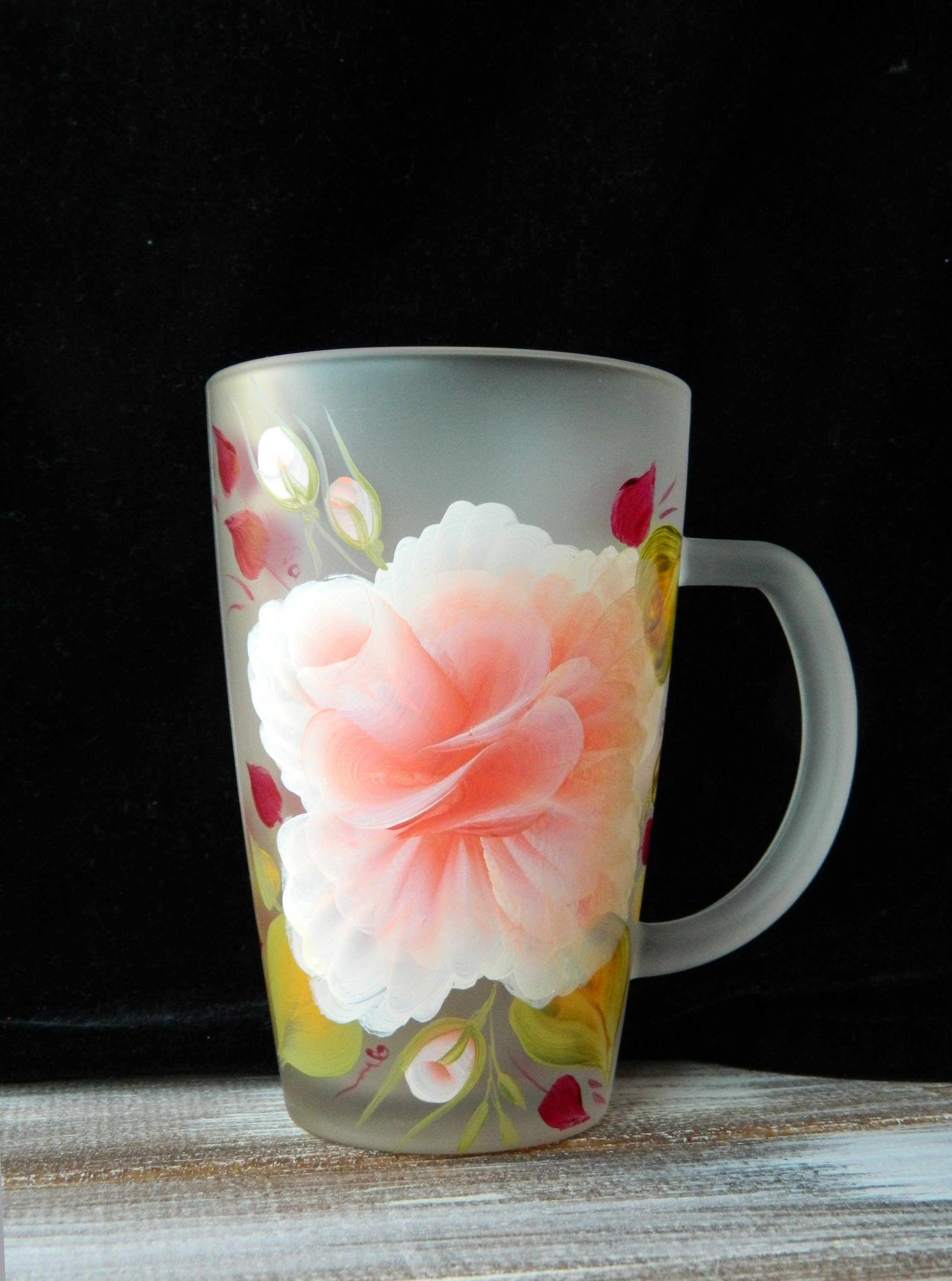 Cafe Mug Rose Coffee Mug Hand Painted Pink Frosted Glass Mug - Etsy
