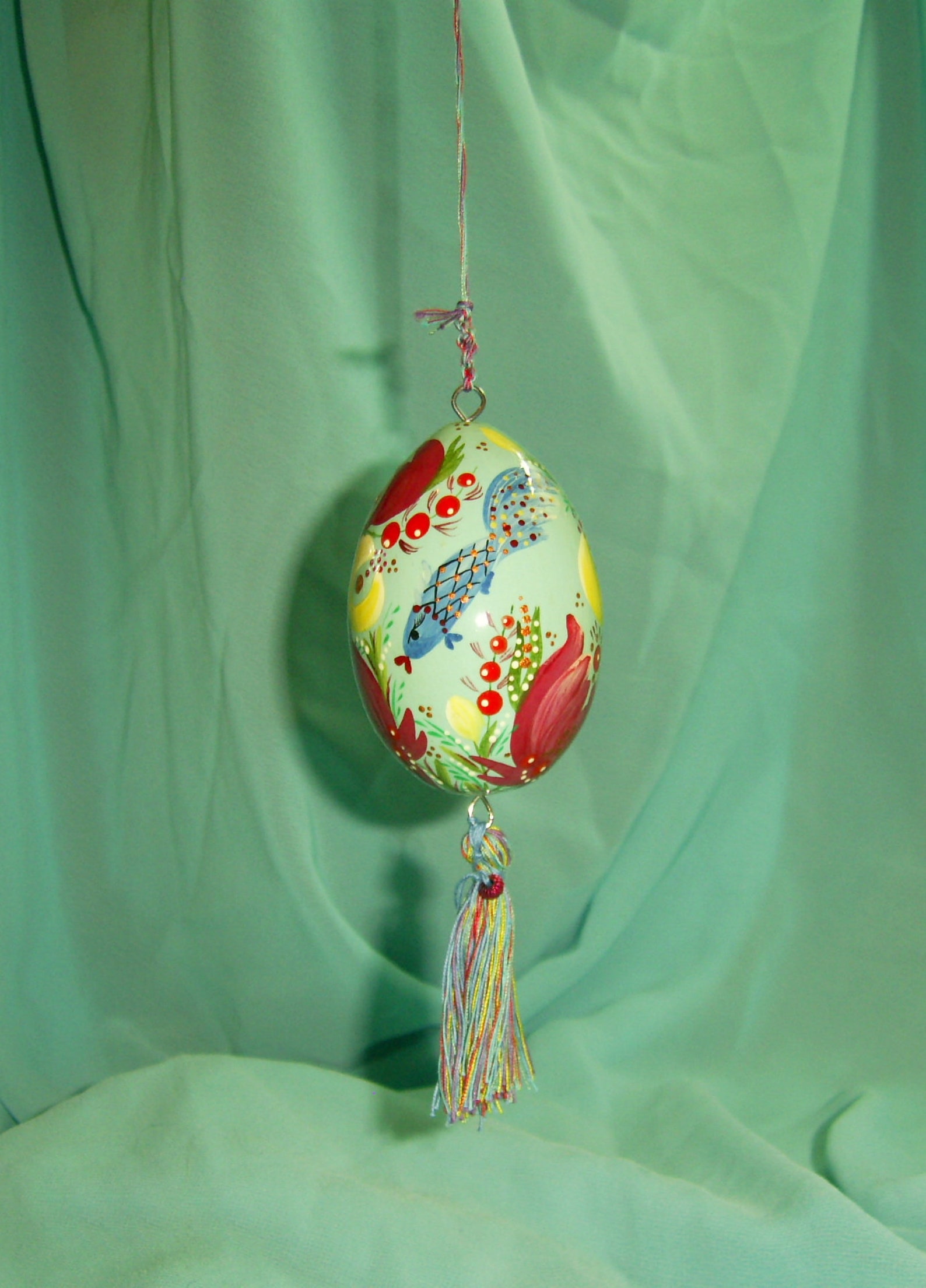 Hand Painted Egg Blue Easter Decorated Egg Navy Blue Fish Design Wooden ...