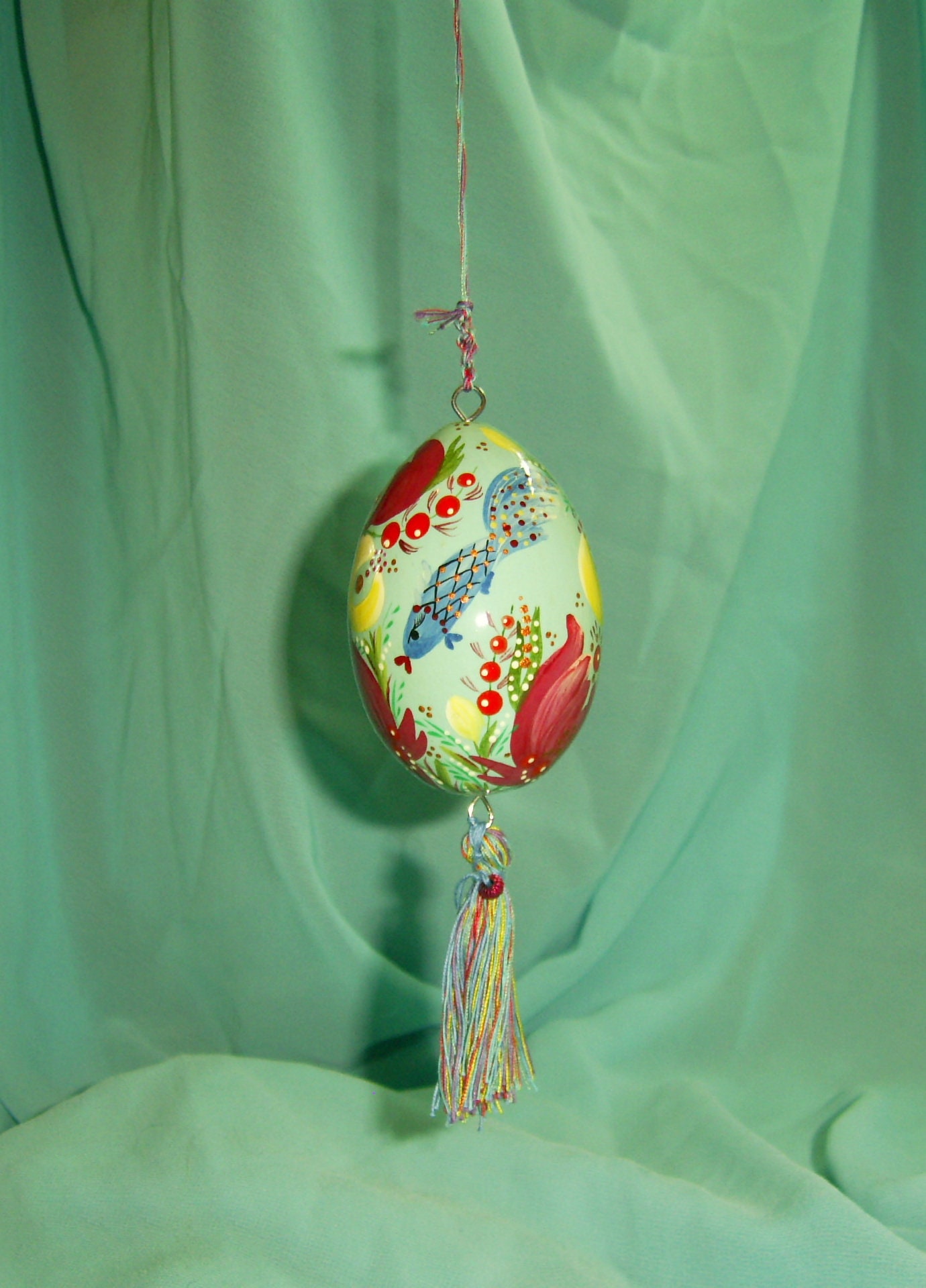 Hand Painted Egg Blue Easter Decorated Egg Navy Blue Fish Design Wooden ...