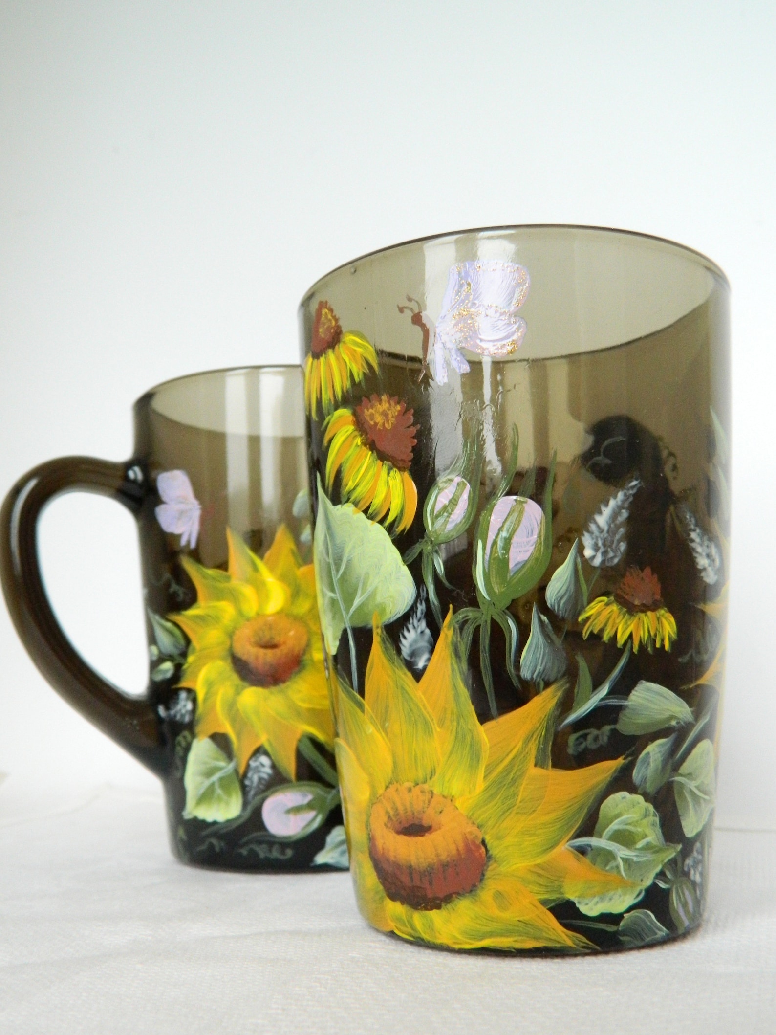 Hand Painted Sunflower Glass Mug Coffee Mug Handmade Floral Coffee Mug ...