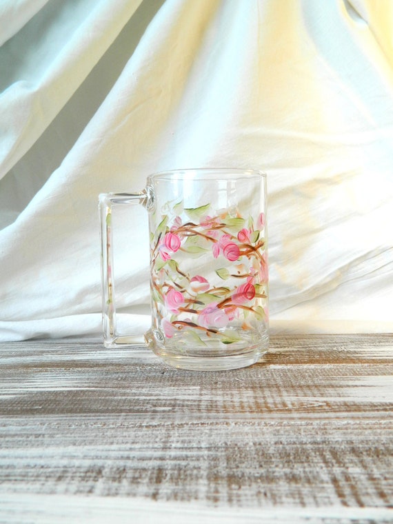 Pink rose hand painted flower glass mug Birthday glassware | Etsy