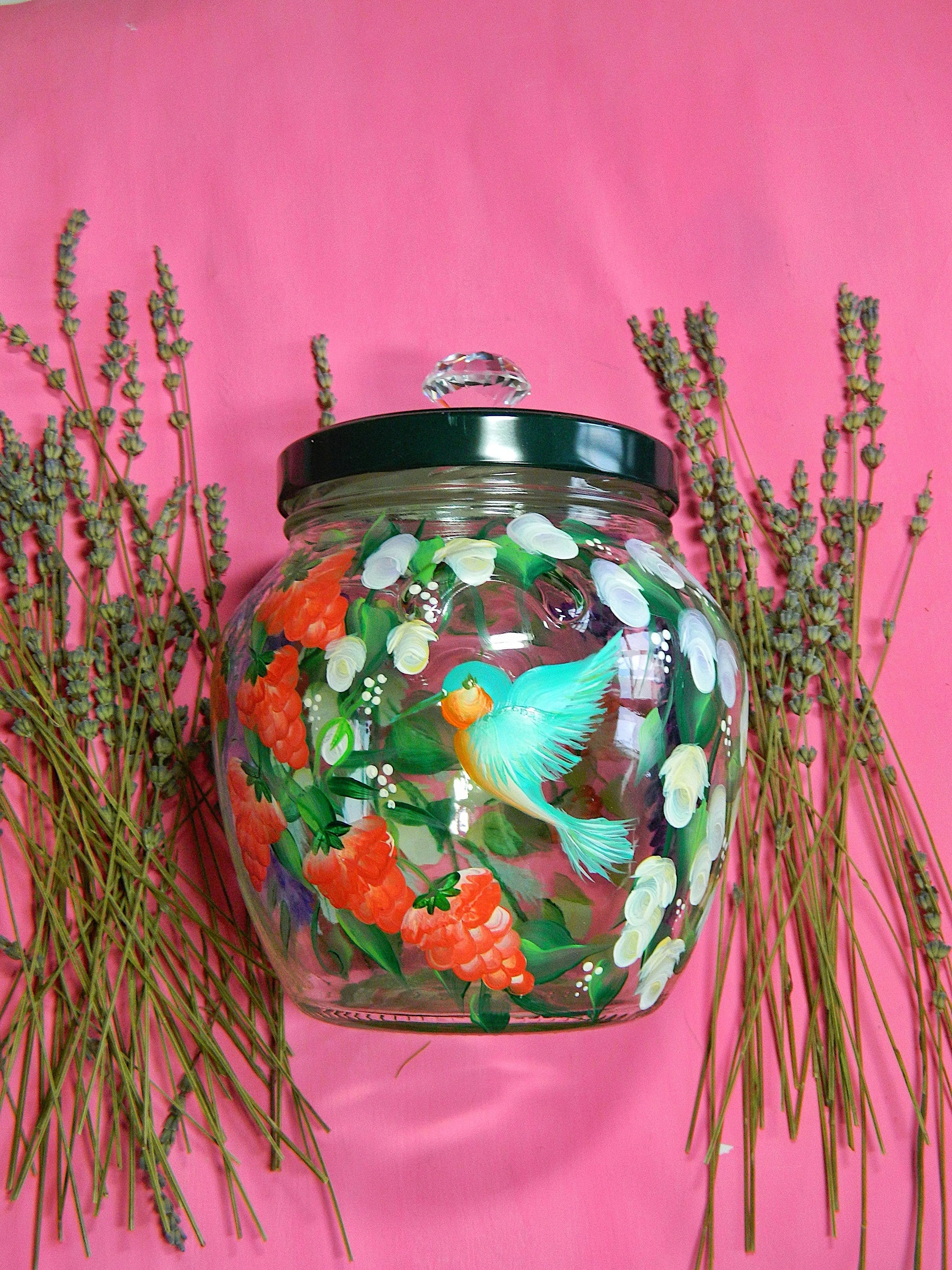 Hand Painted Glass Cookie Jar Hummingbird and Flower. Large Rounded ...