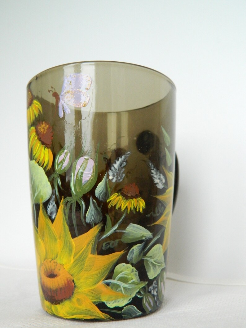 Hand Painted Sunflower Glass Mug Coffee Mug Handmade Floral Coffee Mug ...