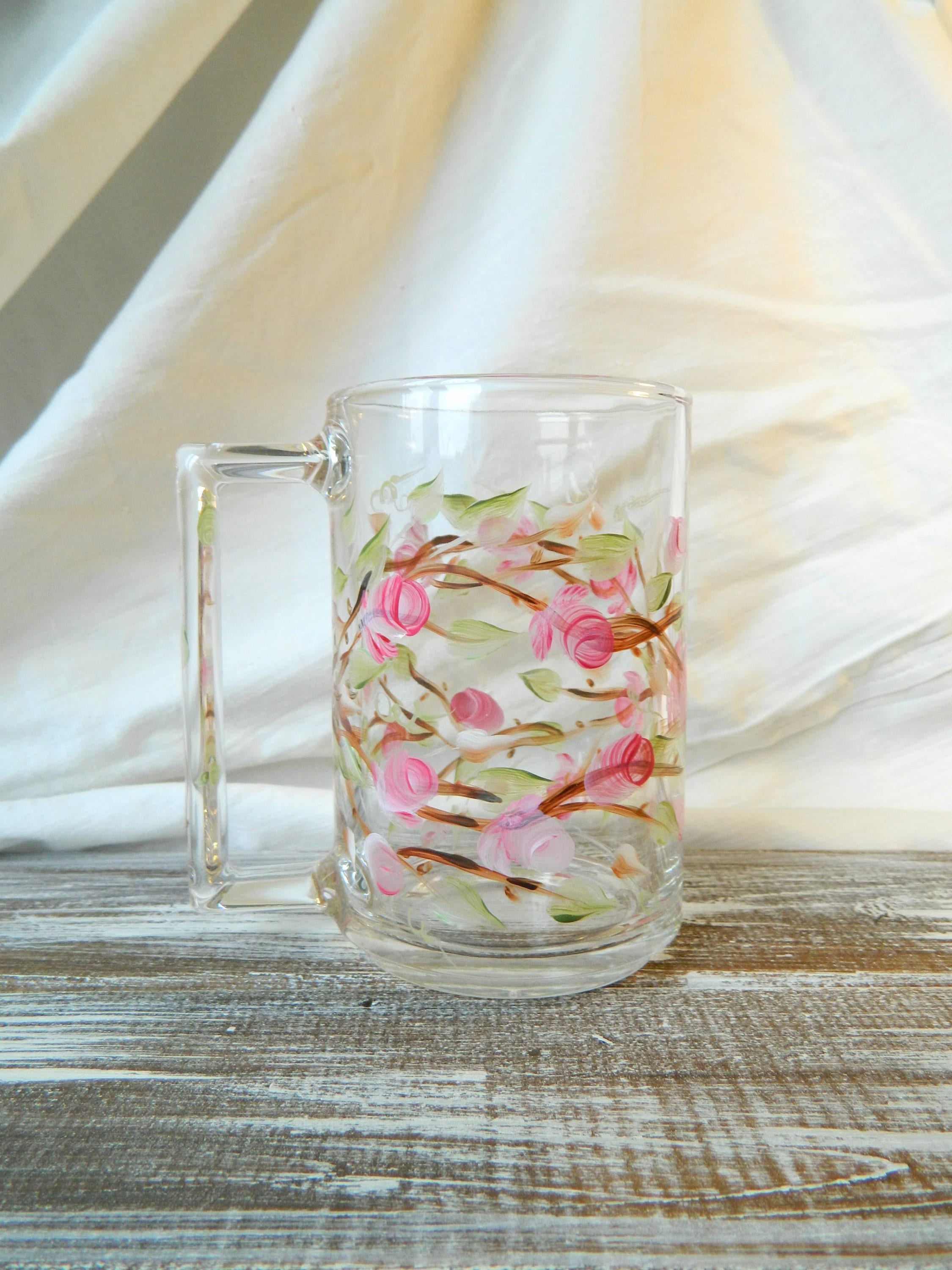 Pink Rose Hand Painted Flower Glass Mug Birthday Glassware Colorful ...