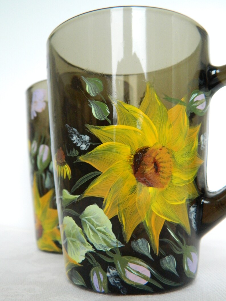 Hand Painted Sunflower Glass Mug Coffee Mug Handmade Floral Coffee Mug ...