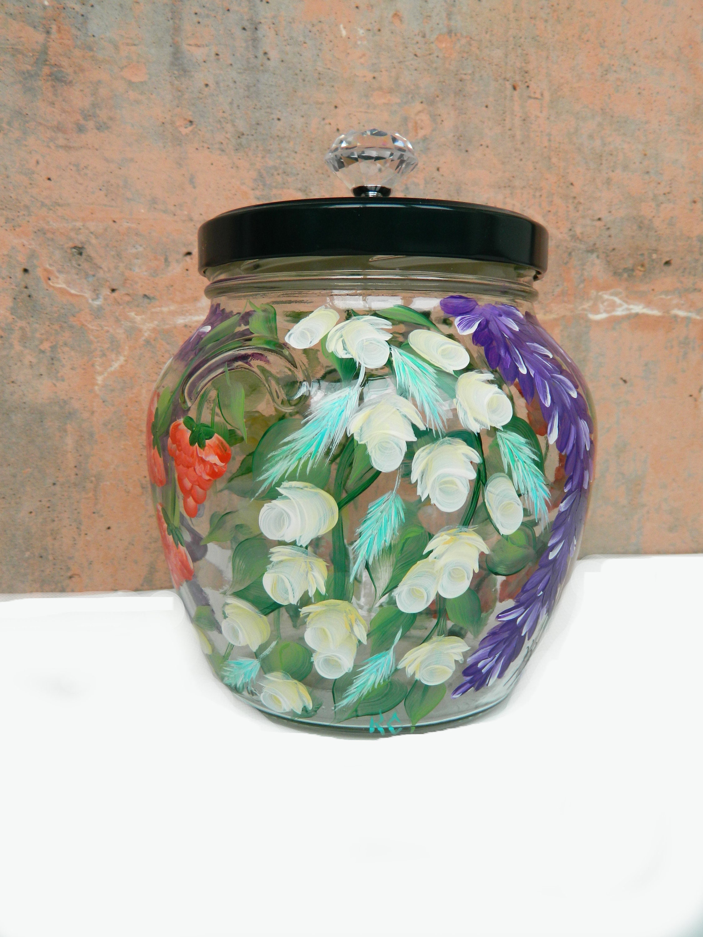Hand Painted Glass Cookie Jar Hummingbird and Flower. Large Rounded ...