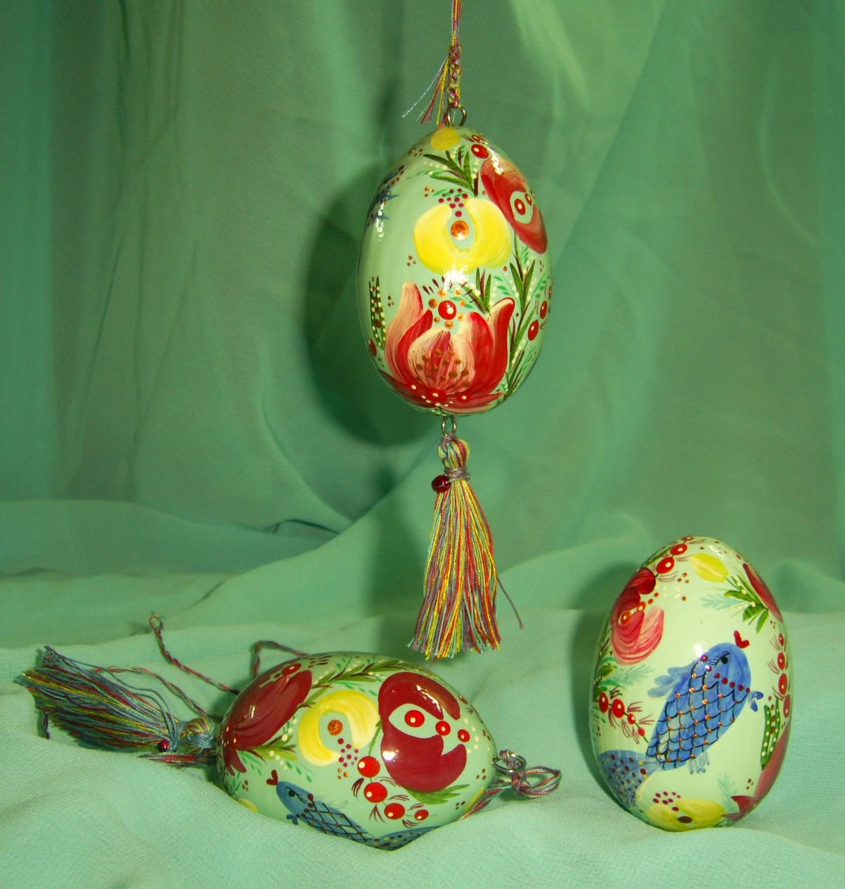 Hand Painted Egg Blue Easter Decorated Egg Navy Blue Fish Design Wooden ...