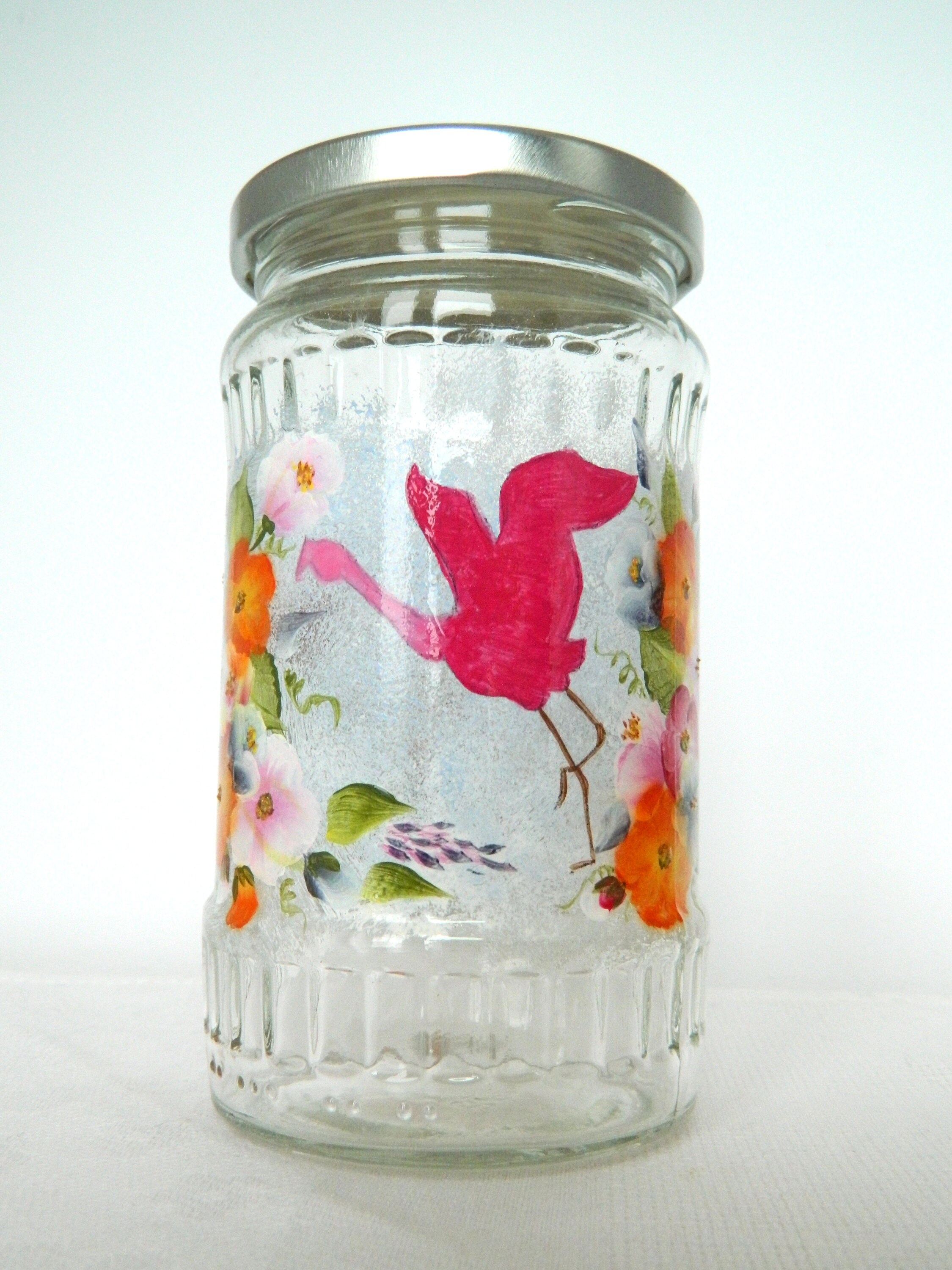 Painted Glass Jars With Pink Flamingo Decor SMALL Glass Cookie Jar With ...