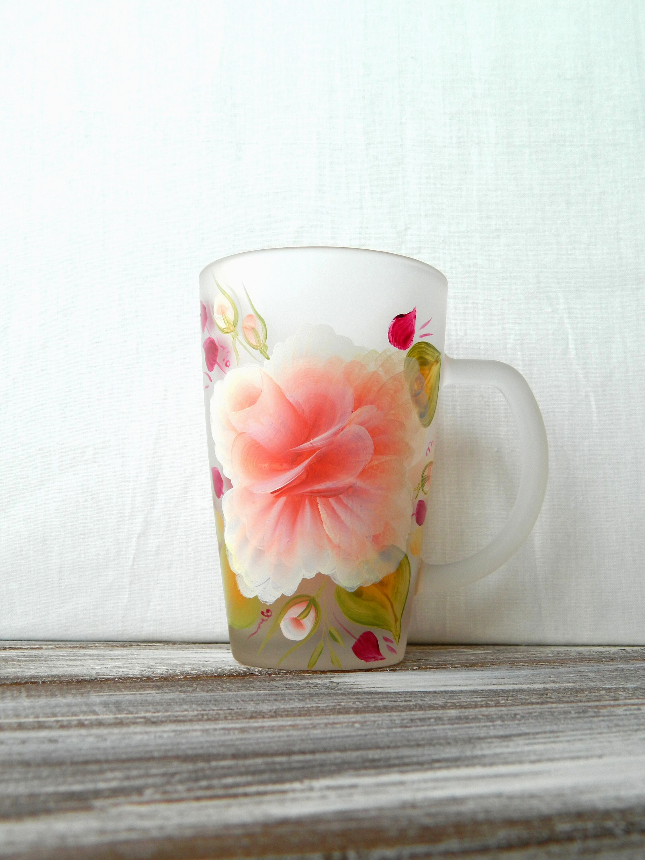 Cafe Mug Rose Coffee Mug Hand Painted Pink Frosted Glass Mug Botanical ...