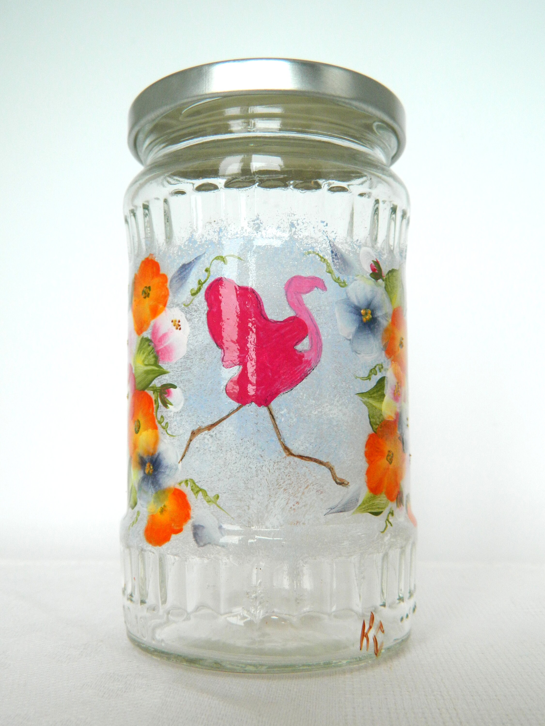 Painted Glass Jars With Pink Flamingo Decor SMALL Glass Cookie Jar With ...