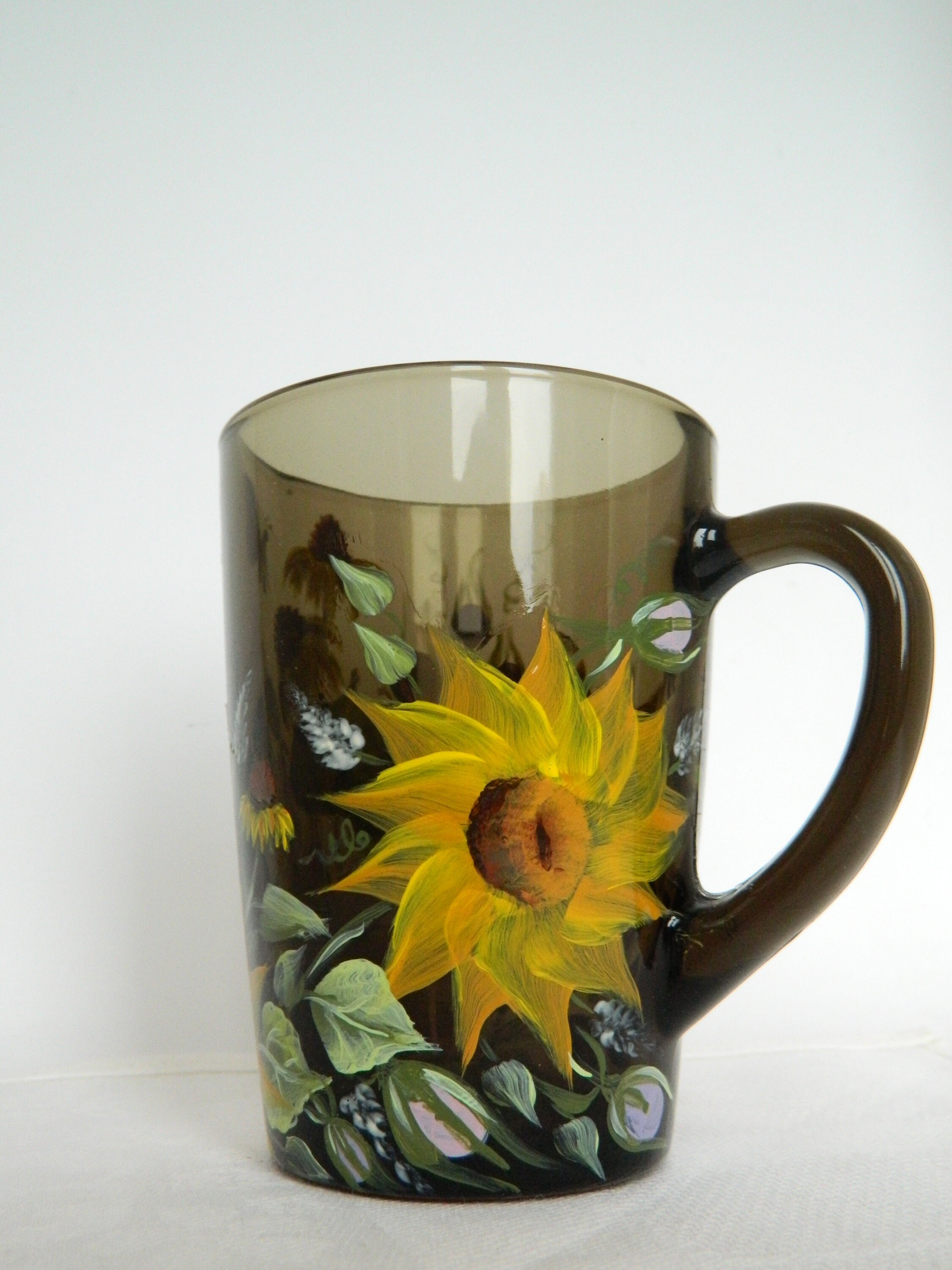Hand Painted Sunflower Glass Mug Coffee Mug Handmade Floral Coffee Mug ...