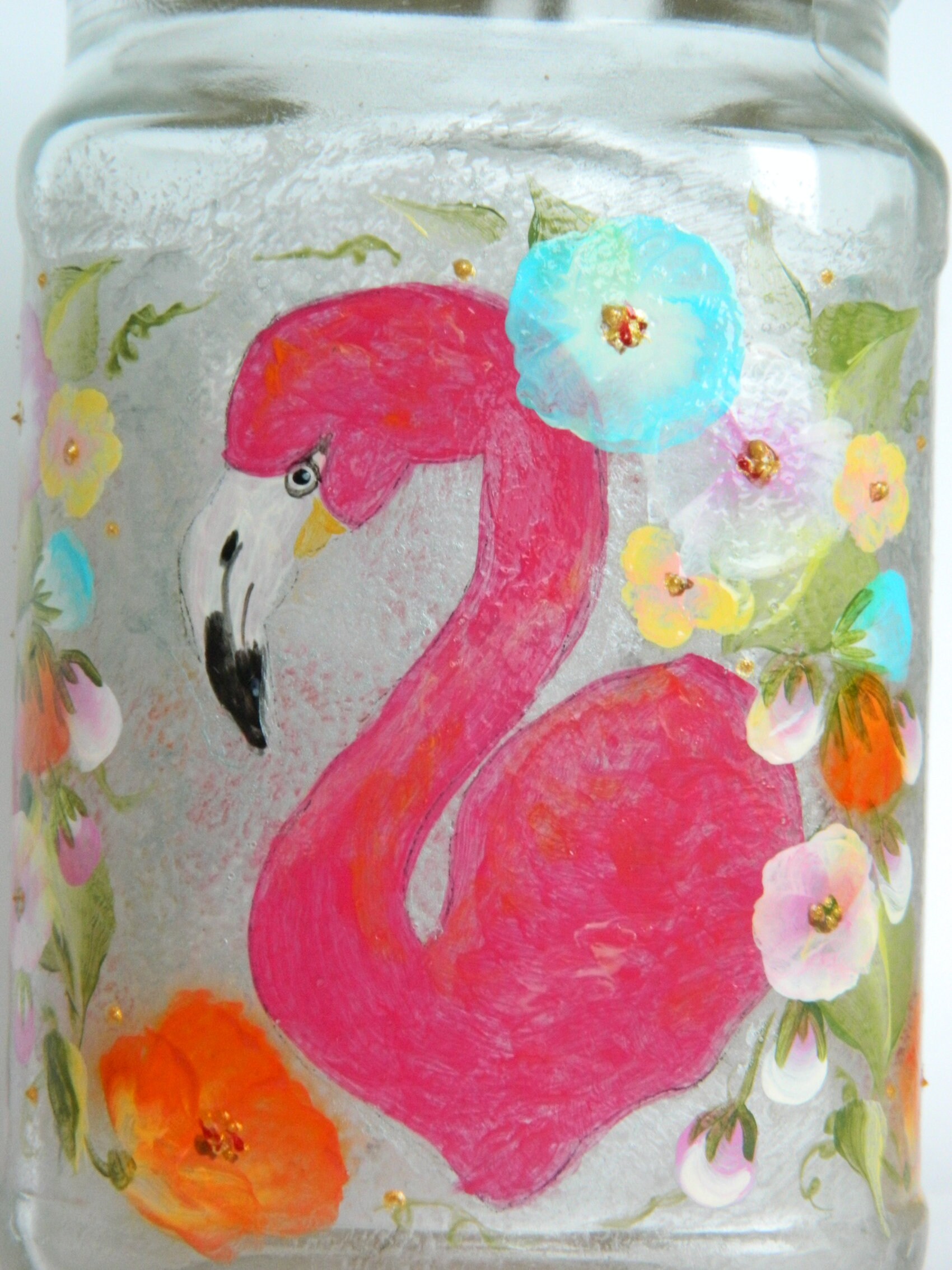 Glass Cookie Jar Hand Painted Jars Pink Flamingo Decor Eco Friendly ...