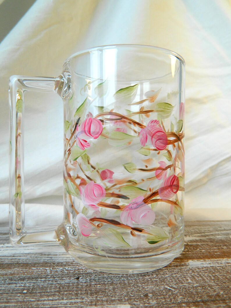 Pink Rose Hand Painted Glass Mugs - Floral Coffee Mug - Colored ...