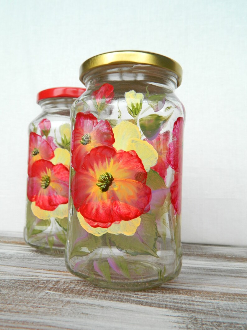Red Glass Jar & Lid Hand-painted Jar Painted Glass Jars Creative ...