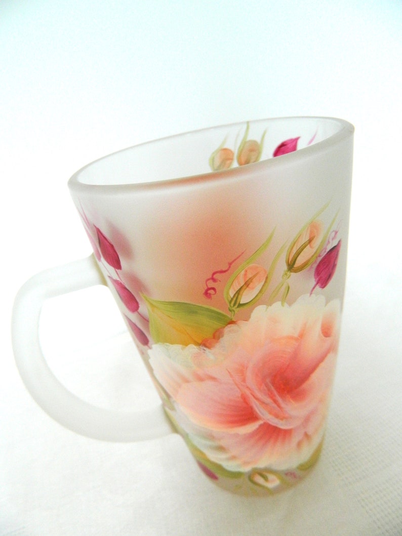 Cafe Mug Rose Coffee Mug Hand Painted Pink Frosted Glass Mug Botanical ...