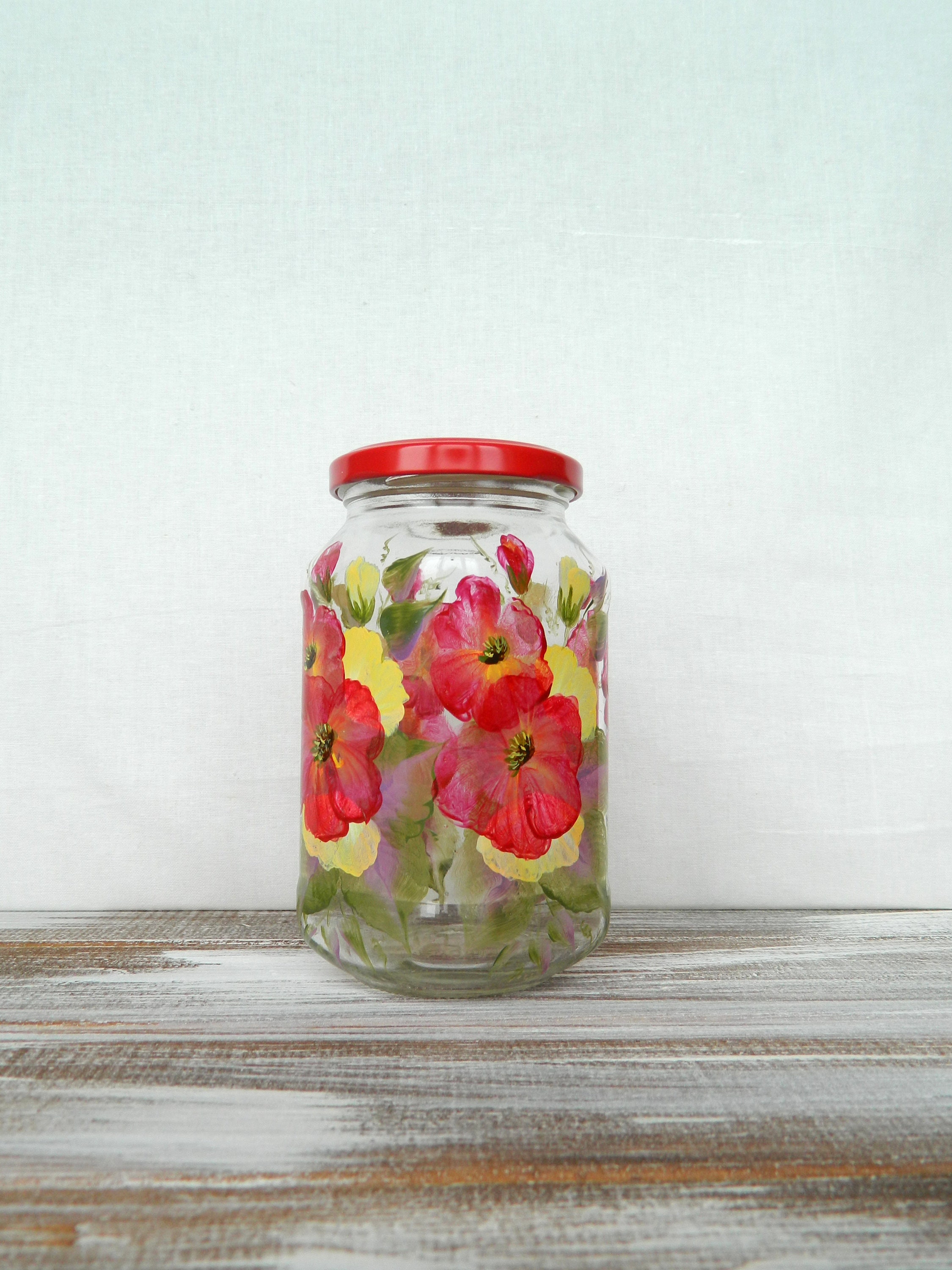 Red Glass Jar & Lid Hand-painted Jar Painted Glass Jars Creative ...