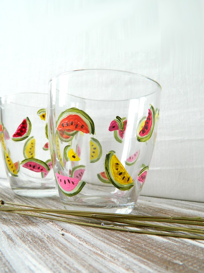 Watermelon Slices Glasses Hand Painted Wine Glasses Beverage - Etsy