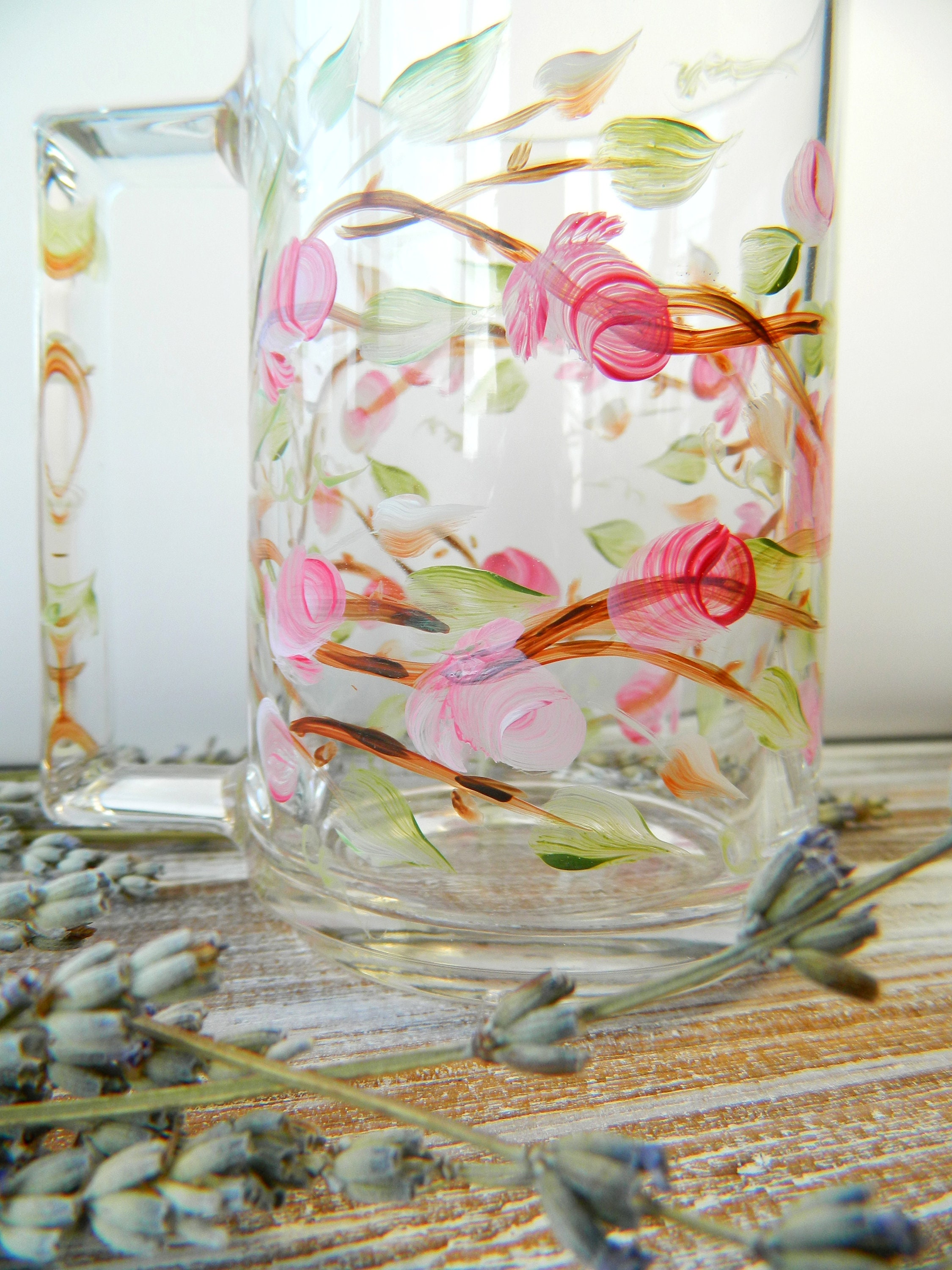 Pink Rose Hand Painted Flower Glass Mug Birthday Glassware Colorful ...